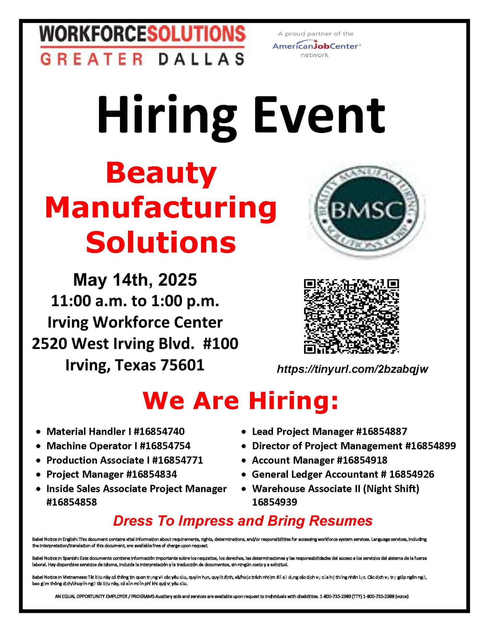 Beauty Manufacturing Solutions Hiring Event - Workforce Solutions Greater Dallas