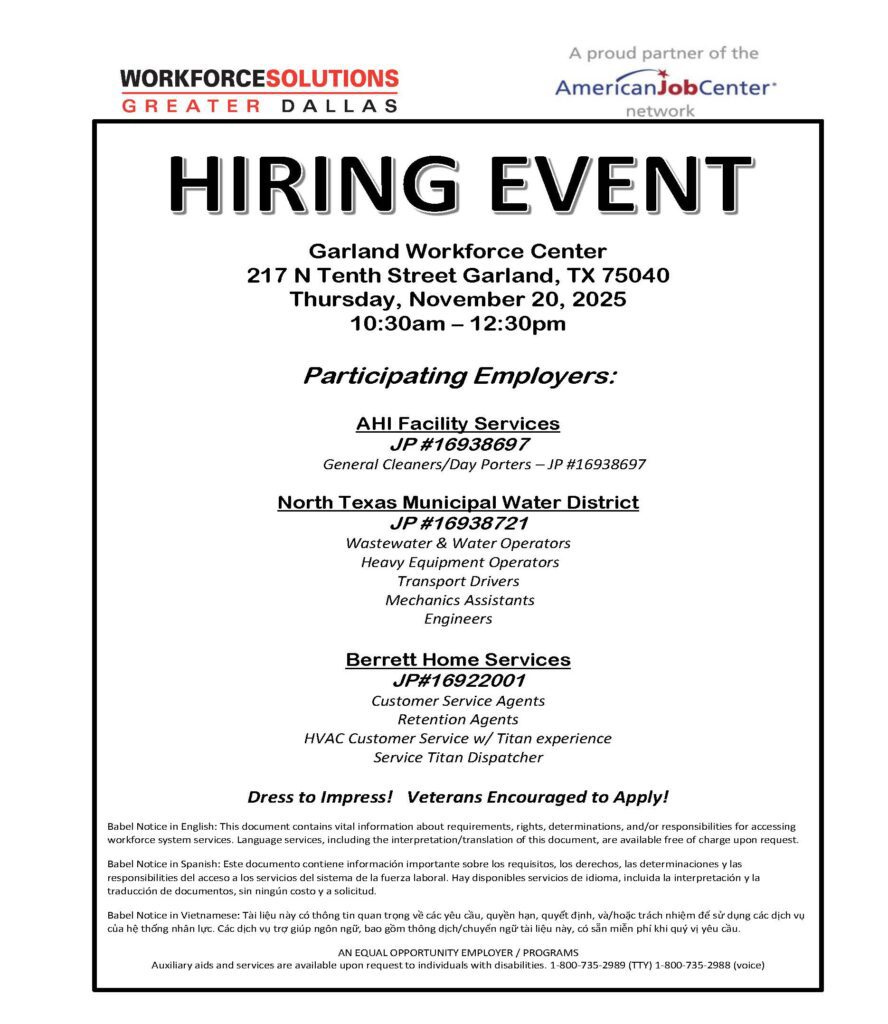 Garland Workforce Center Job Fair - Workforce Solutions Greater Dallas