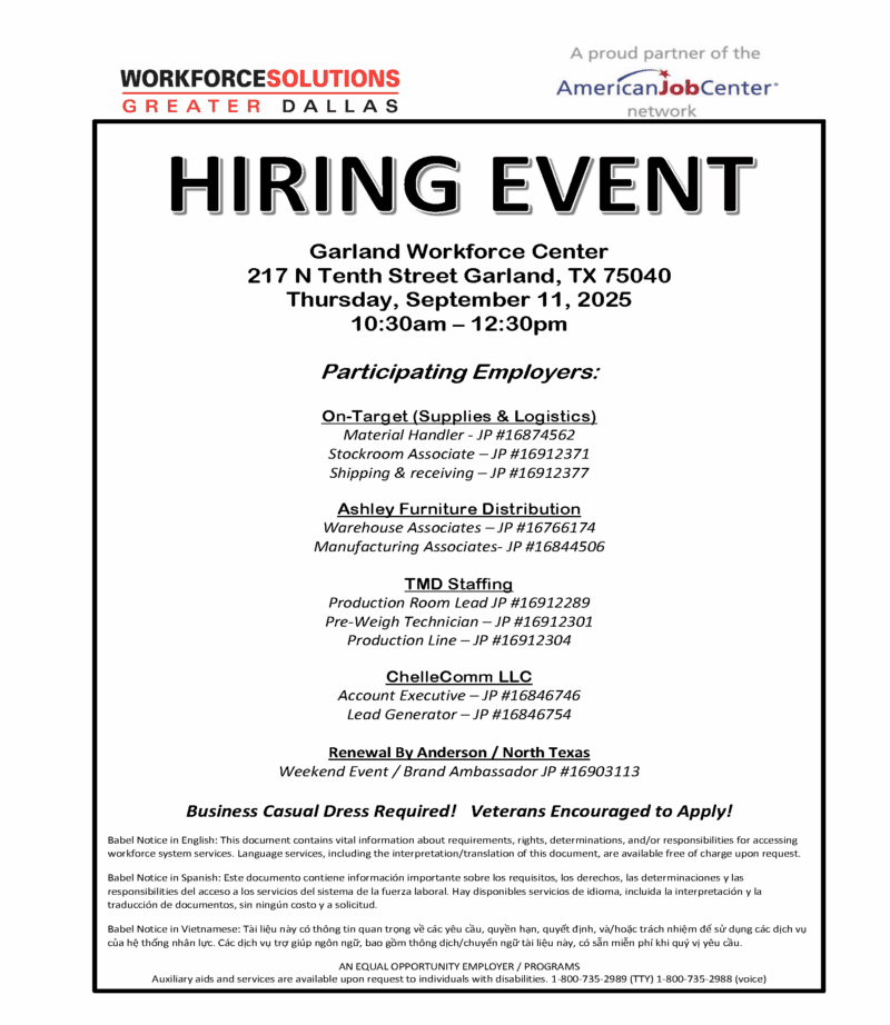 Garland Workforce Center Job Fair - Workforce Solutions Greater Dallas